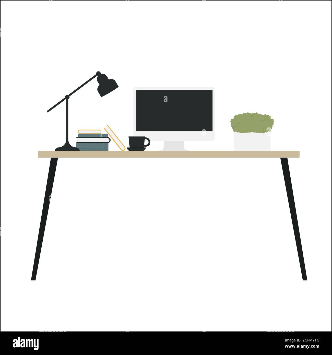 Modern work table with computer, lamp and books, furniture interior ...