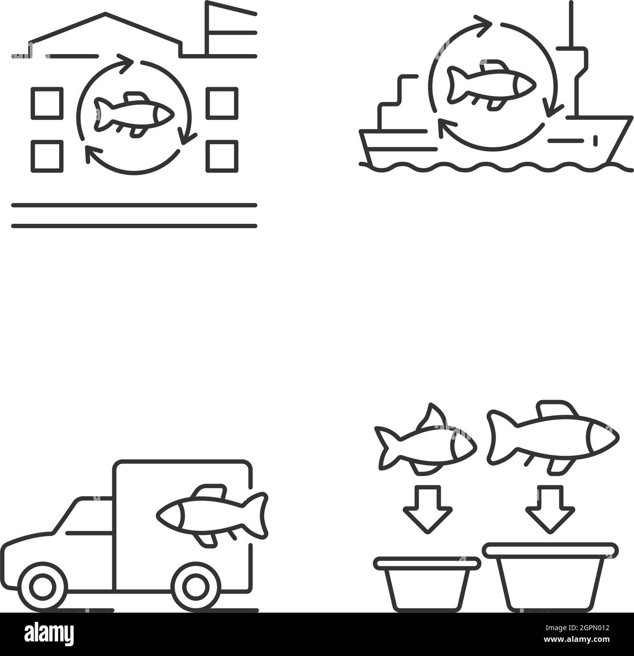 Fish processing and transportation linear icons set Stock Vector Image ...