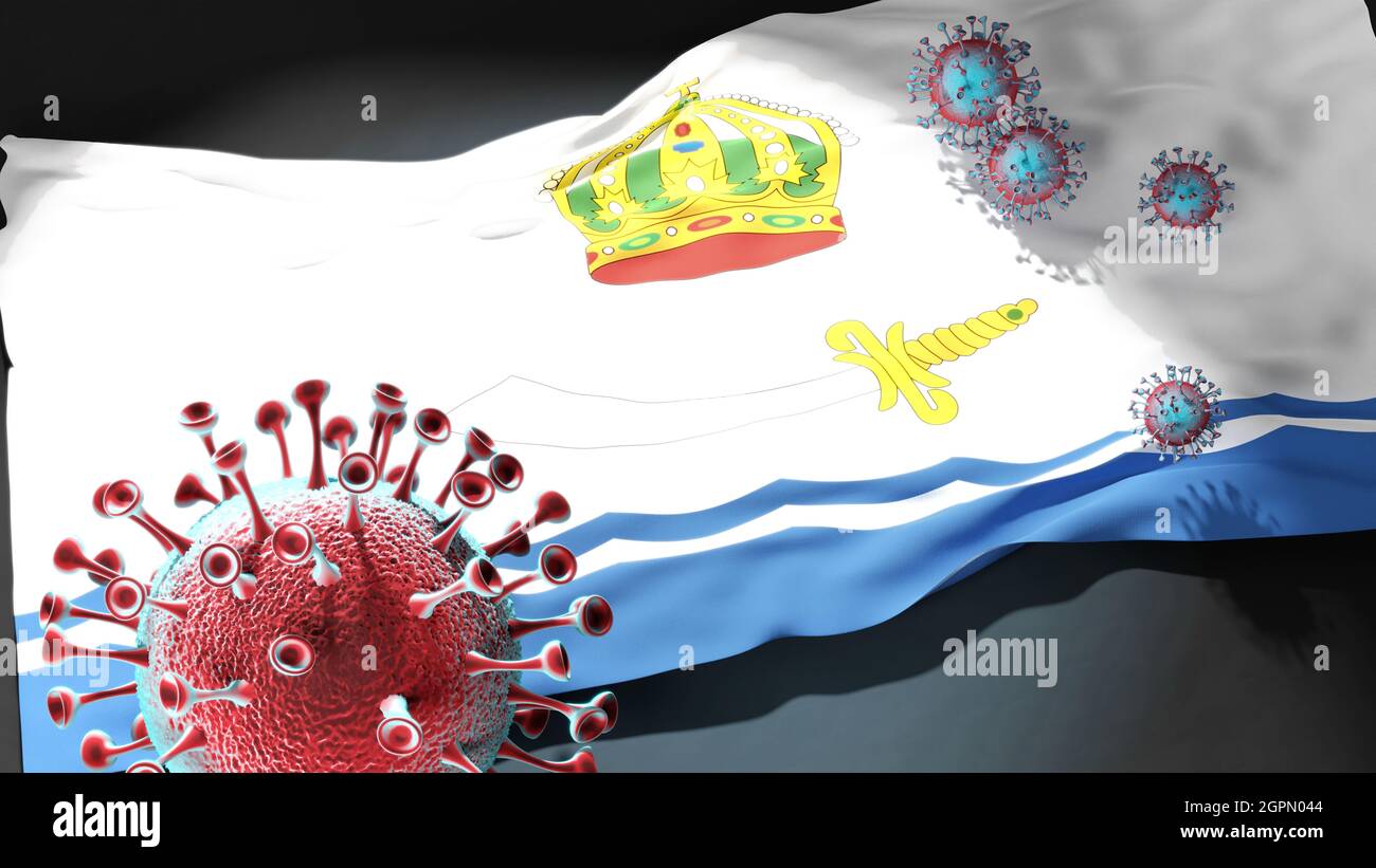 Covid in Astrakhan - coronavirus attacking a city flag of Astrakhan as ...