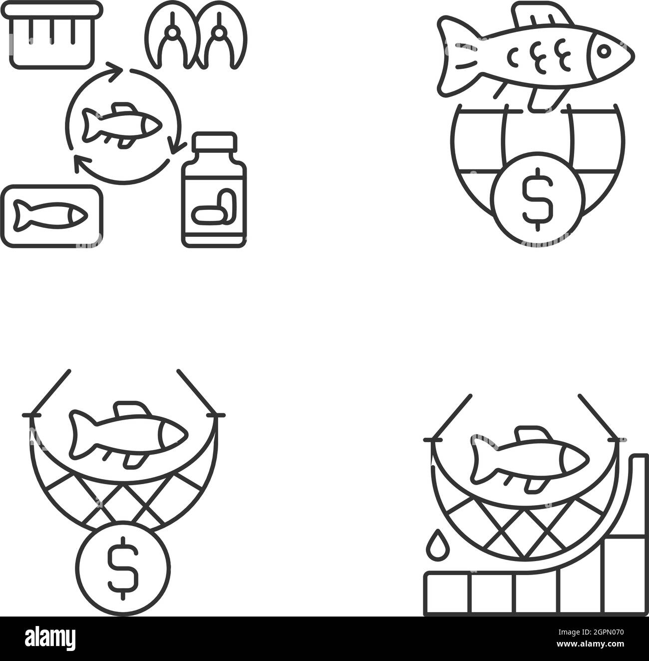 Fish product producing and trade linear icons set Stock Vector Image ...