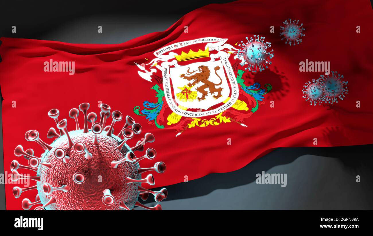Covid in Caracas - coronavirus attacking a city flag of Caracas as a ...