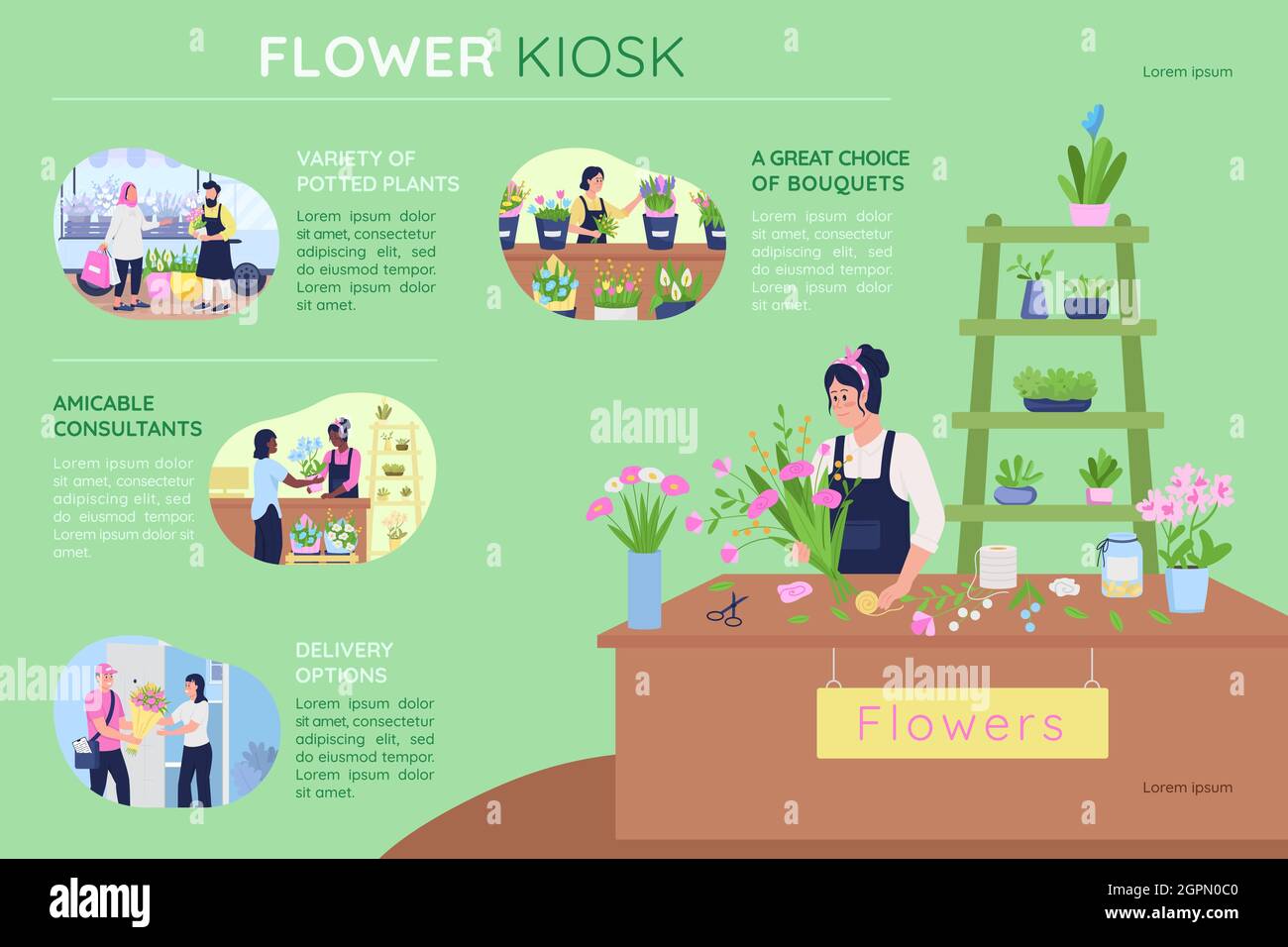 Flower kiosk flat color vector infographic template Stock Vector Image ...