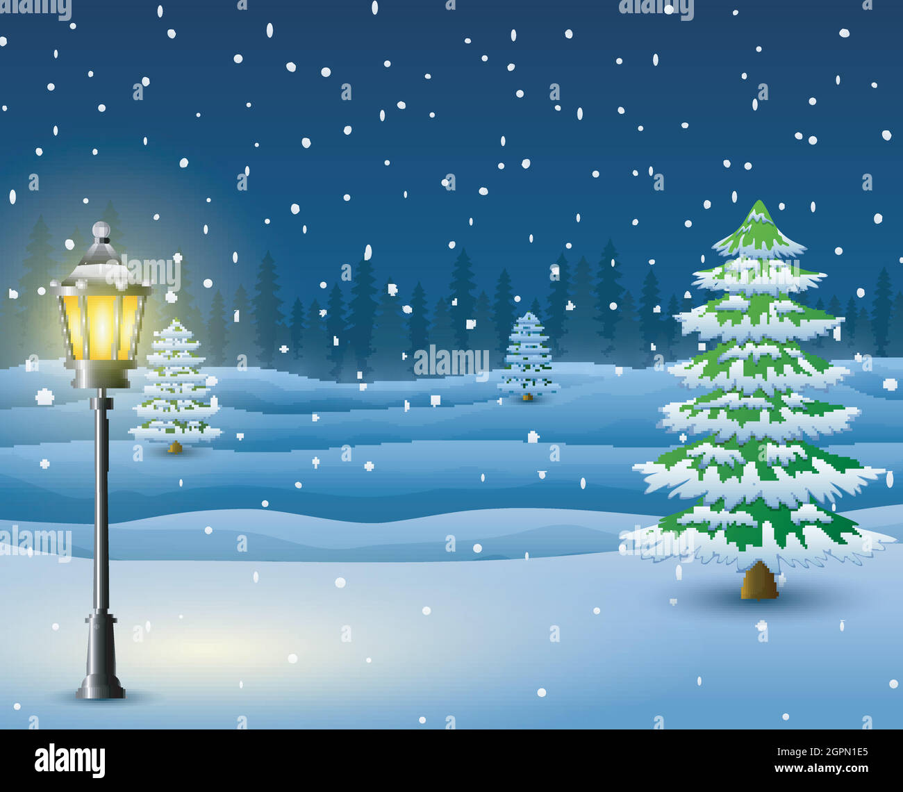 Winter night background with pine trees and street lamp Stock Vector ...