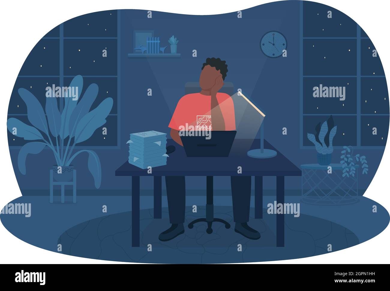 Working late at night 2D vector isolated illustration Stock Vector ...