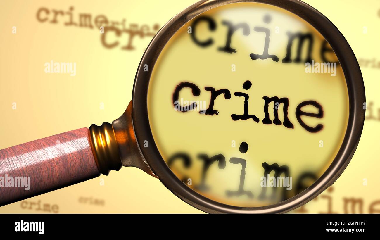 Crime - abstract concept and a magnifying glass enlarging English word ...