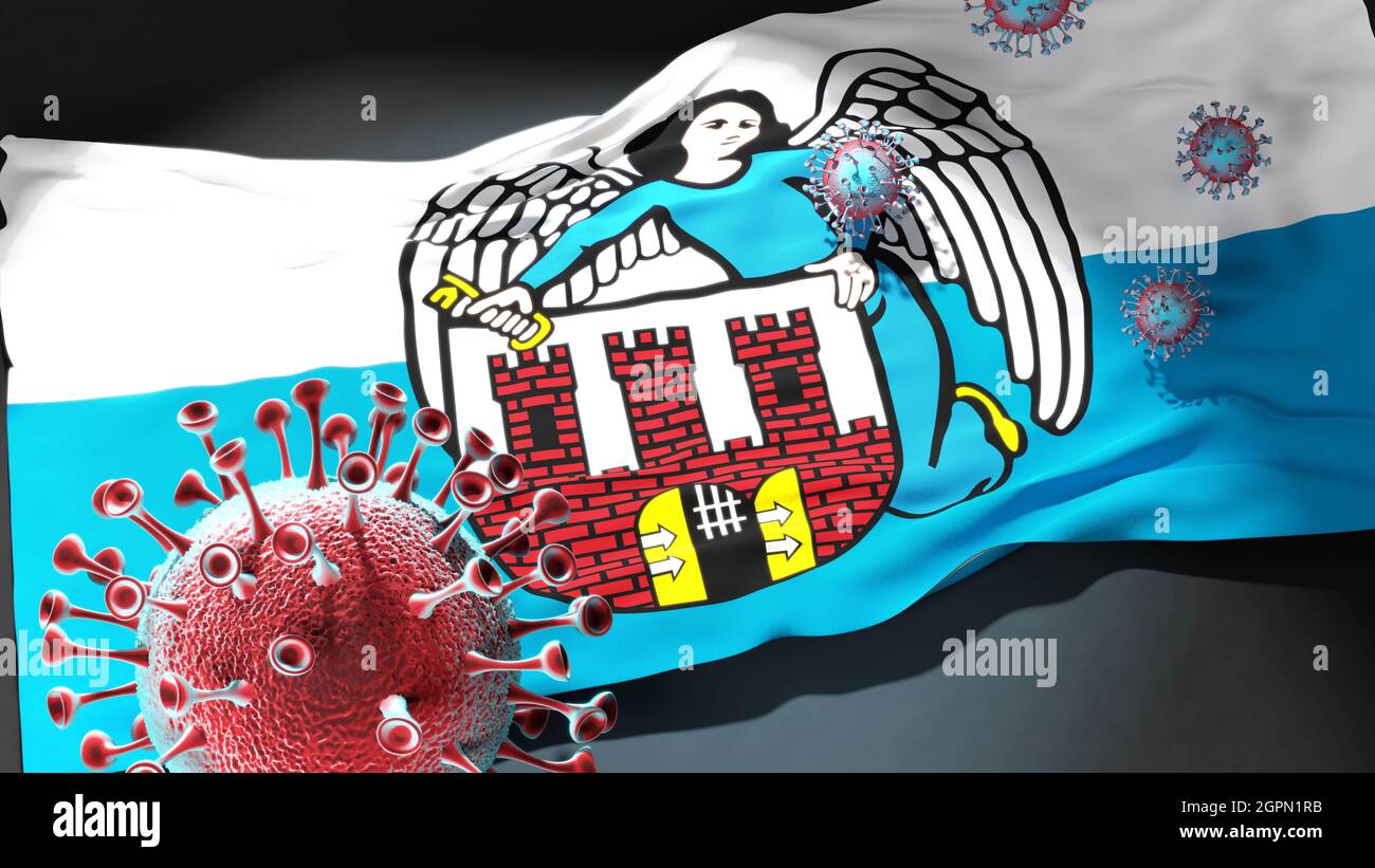 Covid in Torun - coronavirus attacking a city flag of Torun as a symbol of a fight and struggle ...
