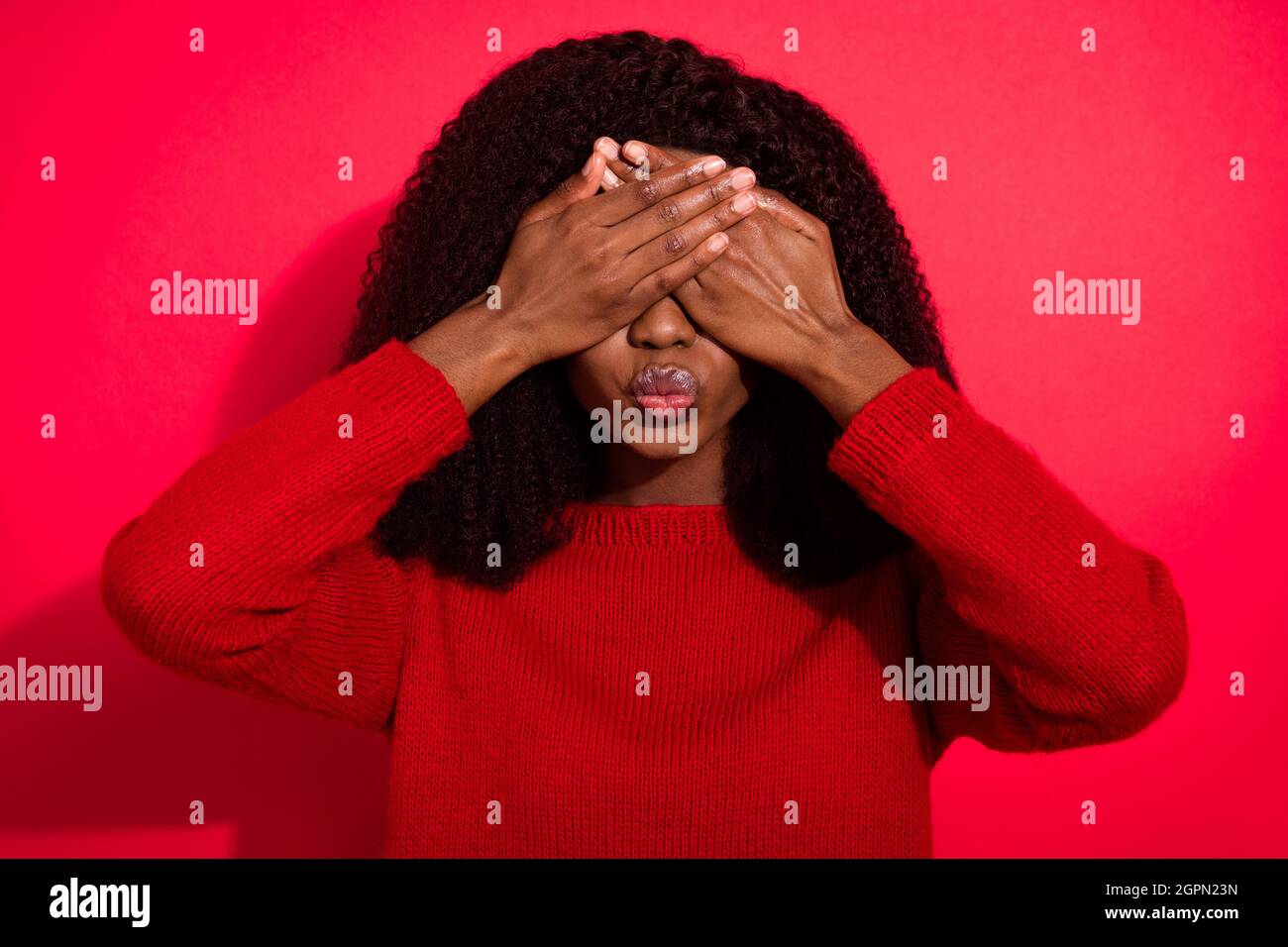 Portrait of attractive amorous girl closing eyes pout lips isolated ...