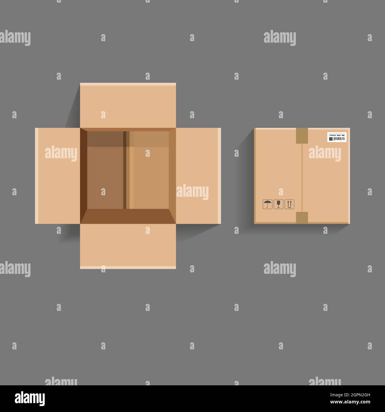 Empty open and closed cardboard box. Top view. Vector illustration ...