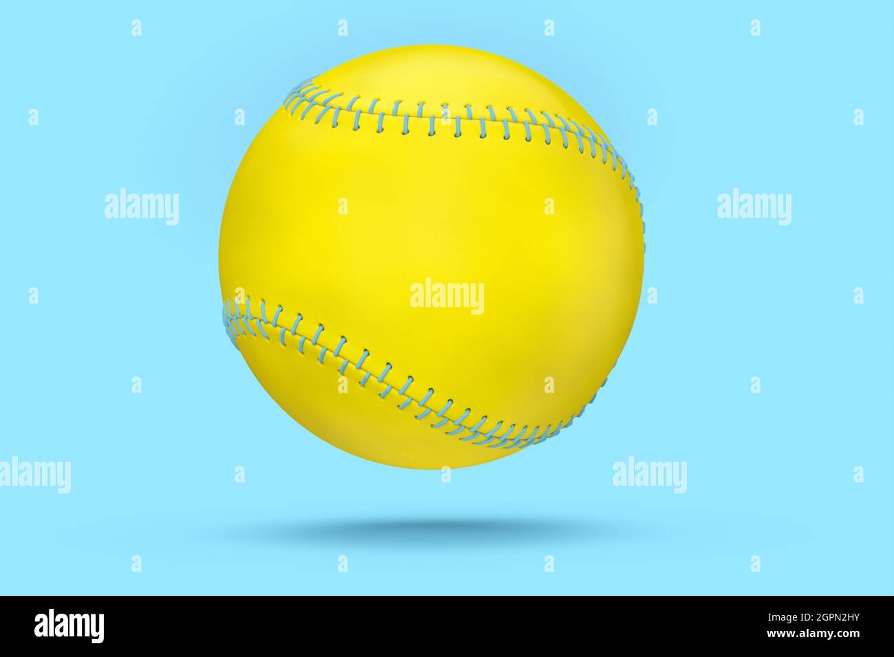 Yellow softball or baseball ball isolated on blue background. 3d ...