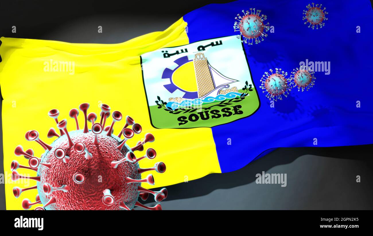 Covid in Sousse - coronavirus attacking a city flag of Sousse as a ...