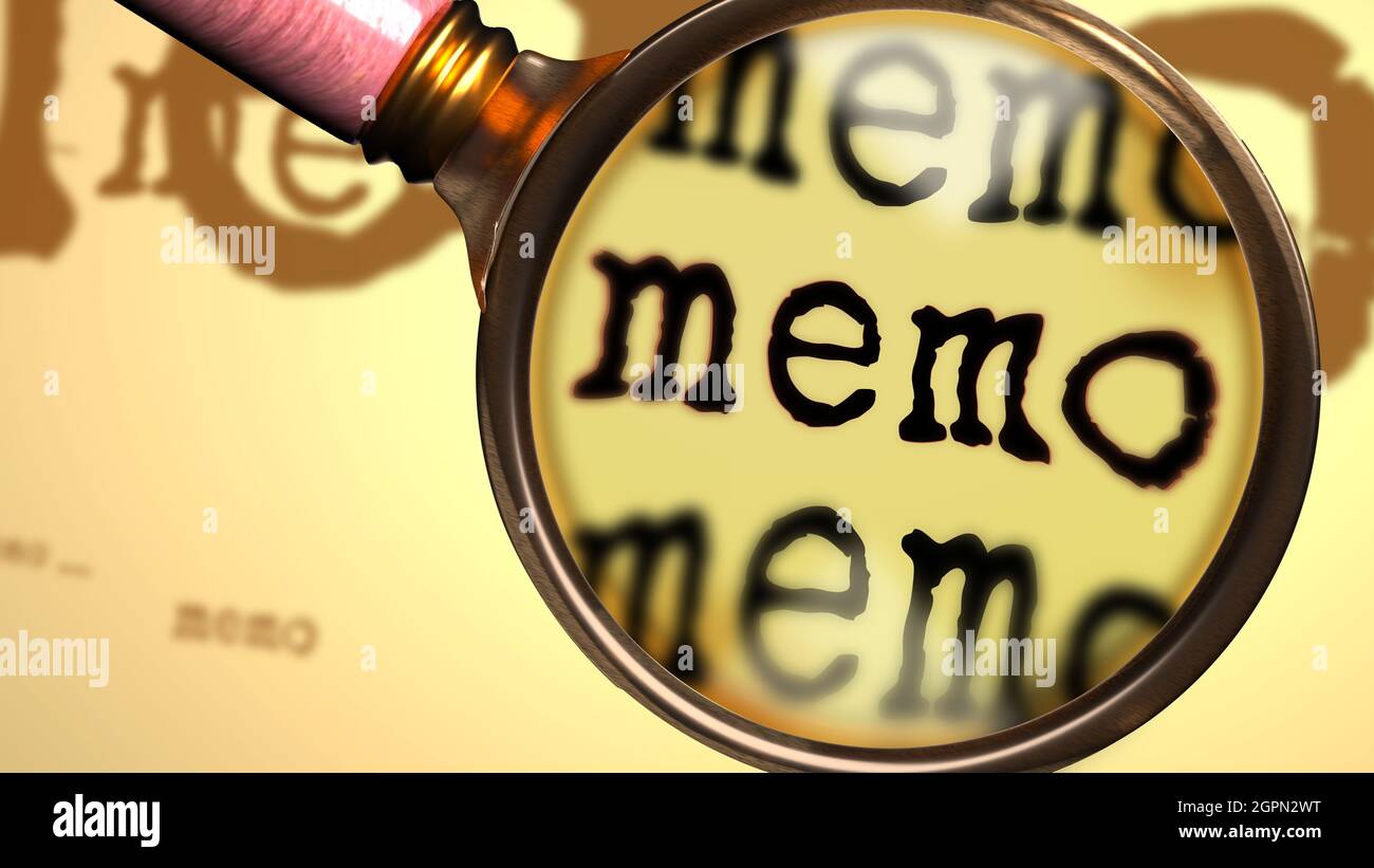 Memo - abstract concept and a magnifying glass enlarging English word ...