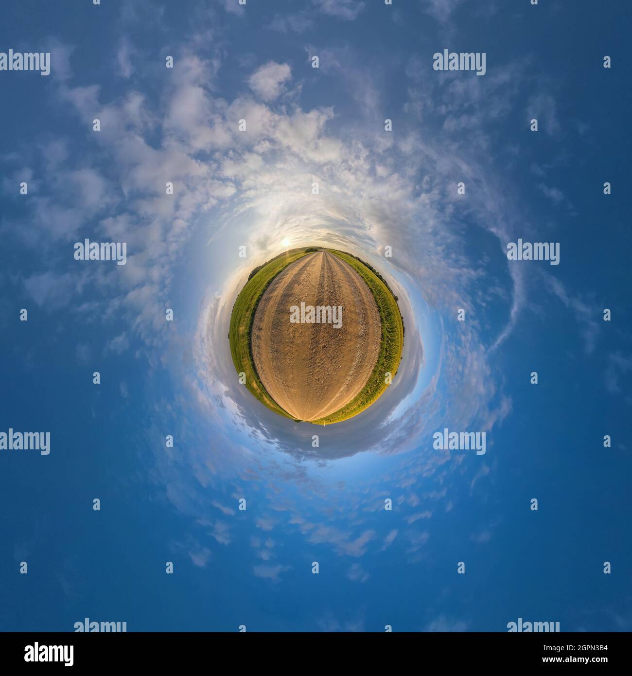 tiny planet in blue sky with beautiful clouds. Transformation of ...