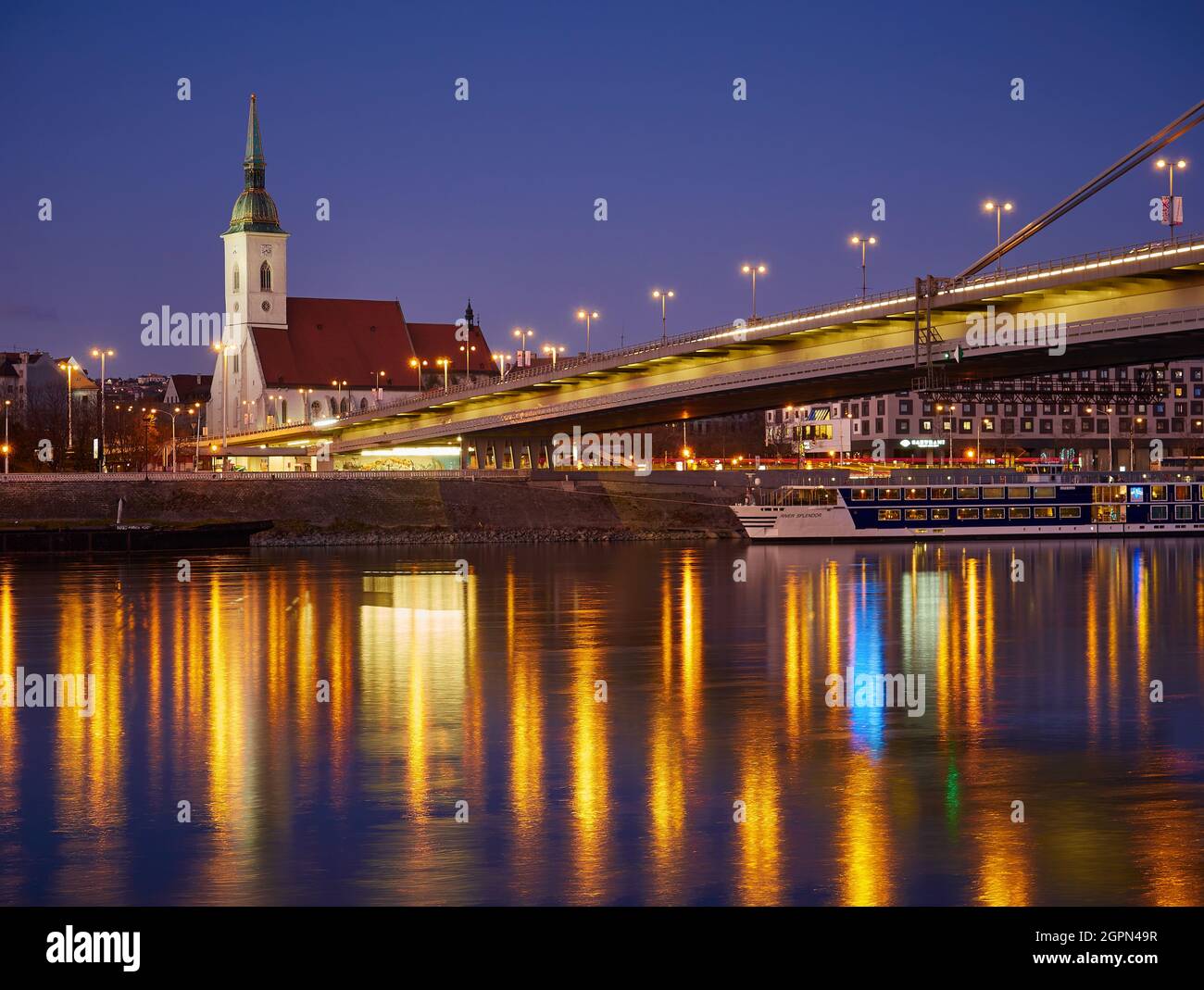 Bratislava cityscape by night long exposure Stock Photo - Alamy