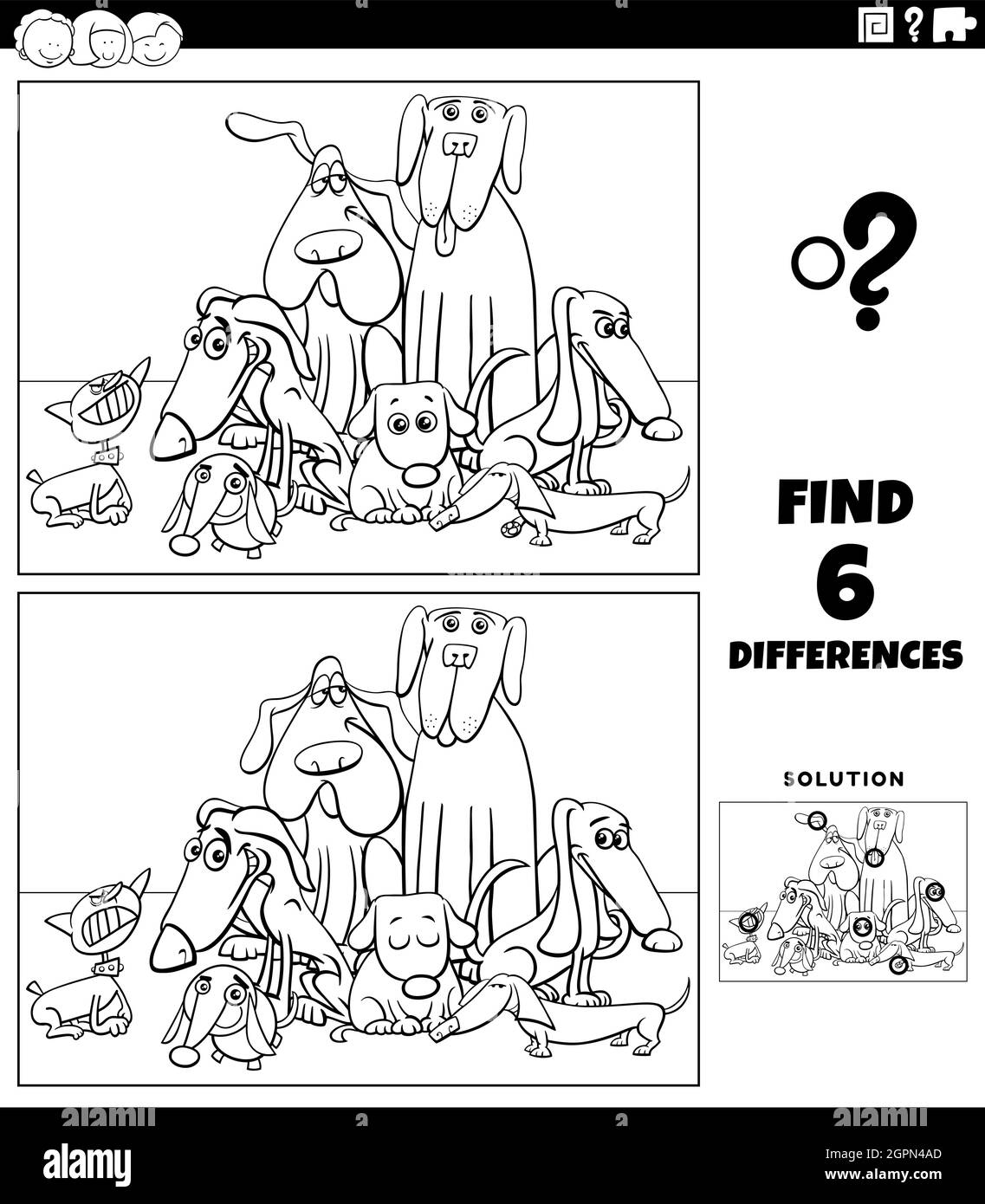 differences game with dogs group coloring book page Stock Vector Image ...