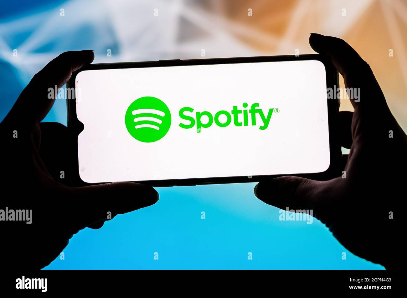 Poland. 23rd Sep, 2021. In this photo illustration a Spotify logo seen ...
