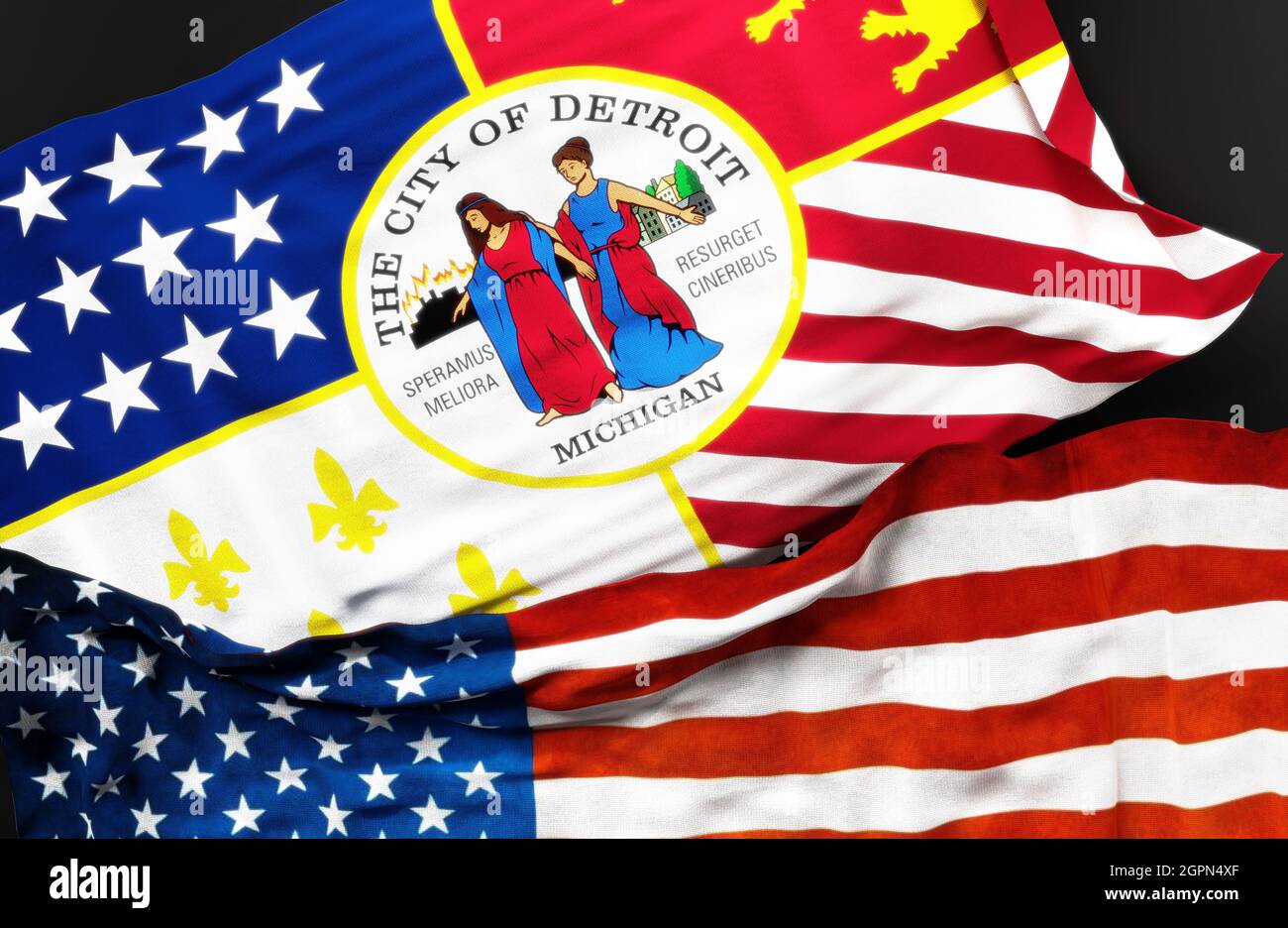 Flag of Detroit along with a flag of the United States of America as a ...