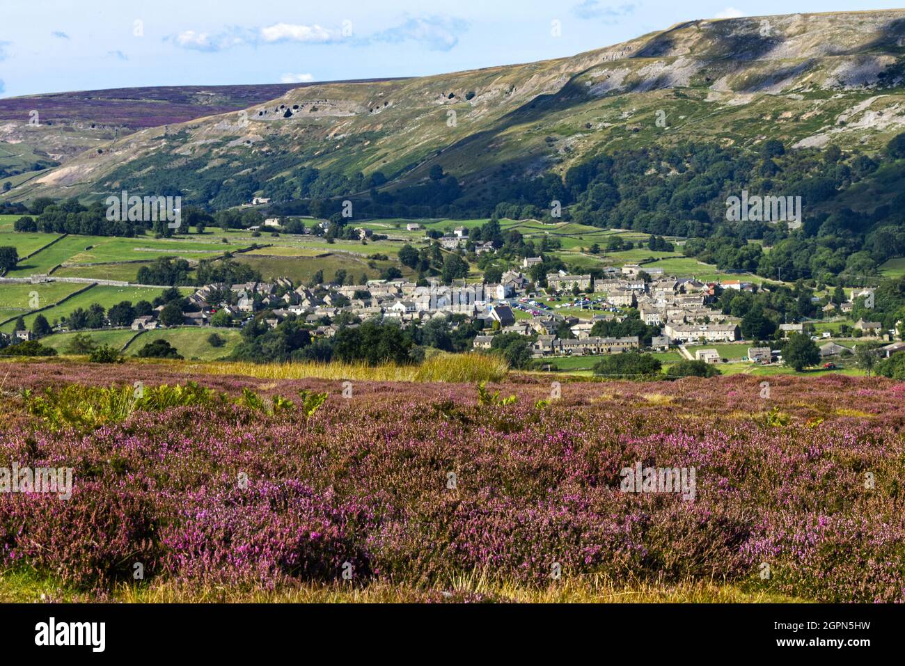 View of the village of Reeth, from Grinton moor with heather in flower ...