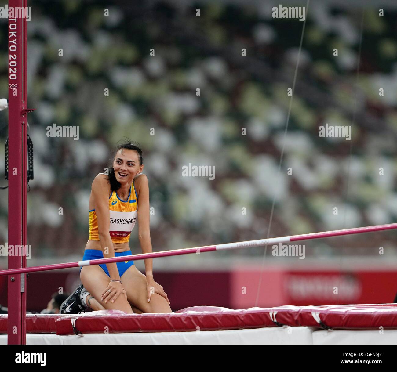 Iryna Gerashchenko participating in the high jump at the Tokyo 2020 ...