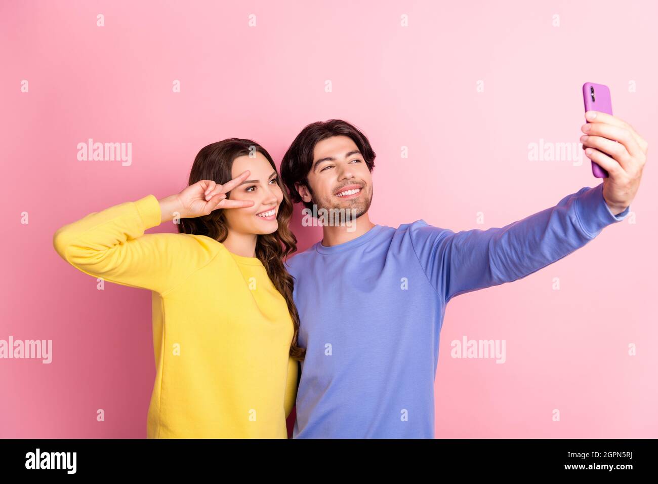 Photo of young couple happy positive smile shoot selfie smartphone girl ...
