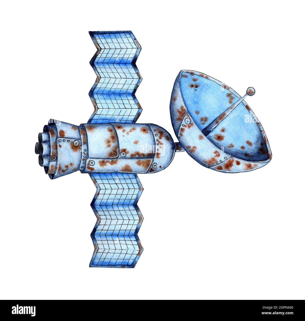 Watercolor illustration of a large old rusty satellite with a radar ...