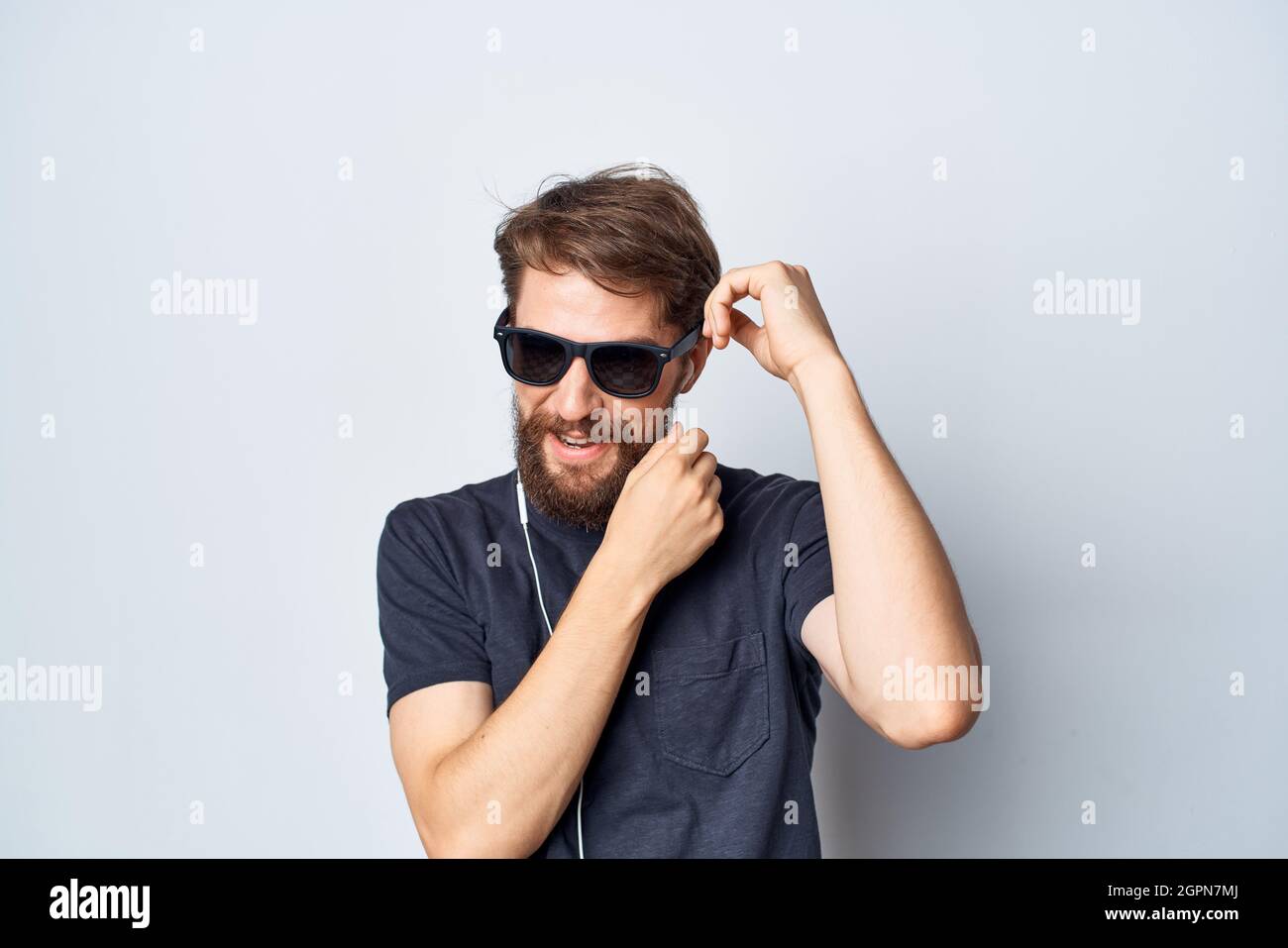 bearded man headphones sunglasses music dance fun isolated background ...