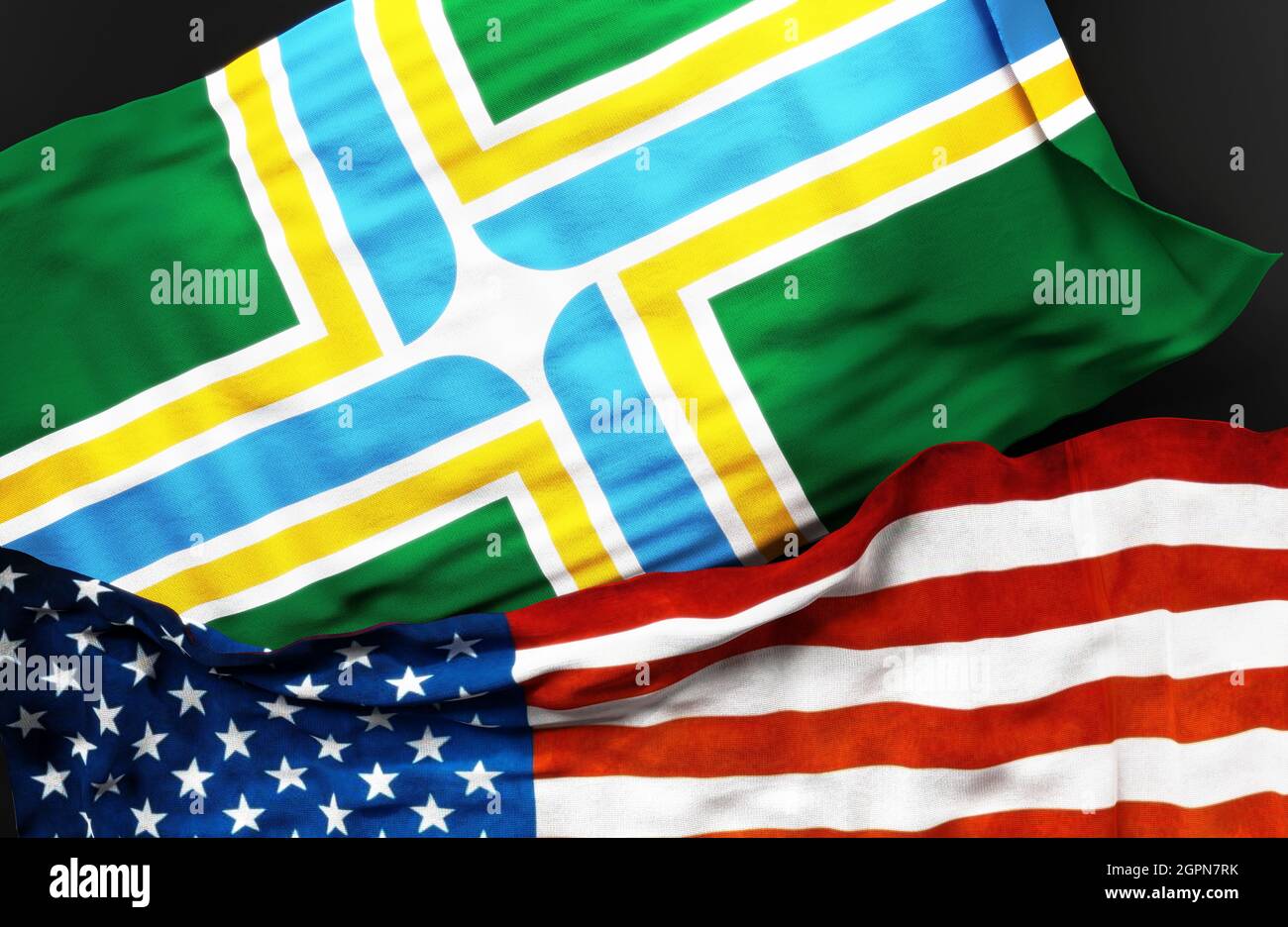Flag of Portland Oregon along with a flag of the United States of ...