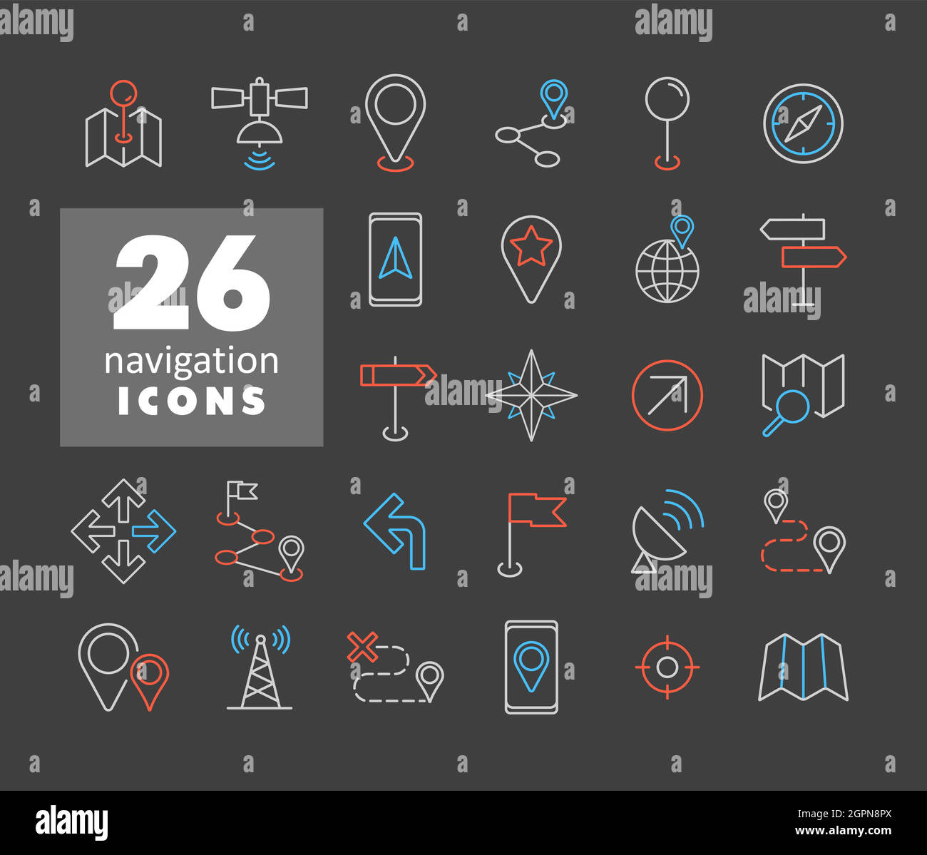 Maps Location Navigation Vector Icons Set On Dark Background Stock