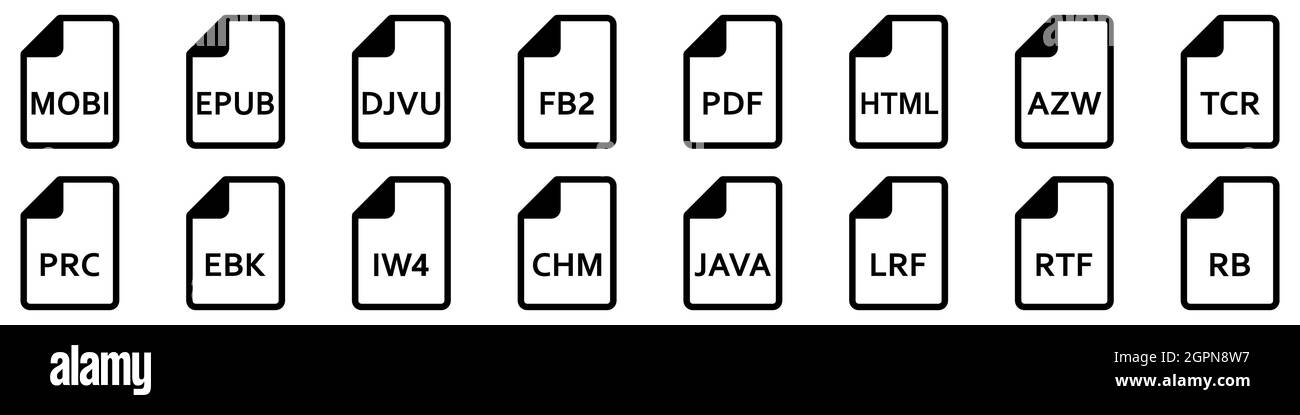Ebook file format icons. Various ebook formats files. Set of linear ...