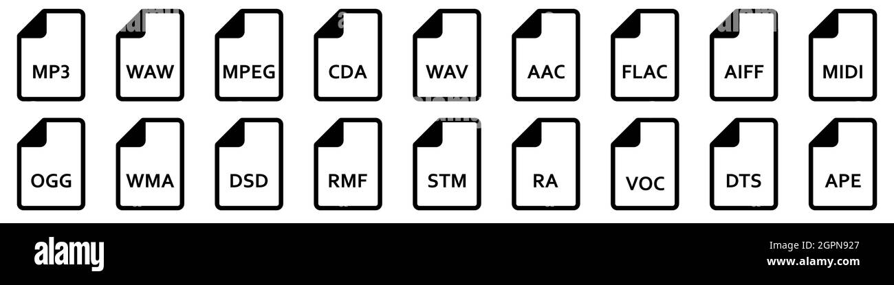 Audio file formats. Set of linear icons of different audio formats ...
