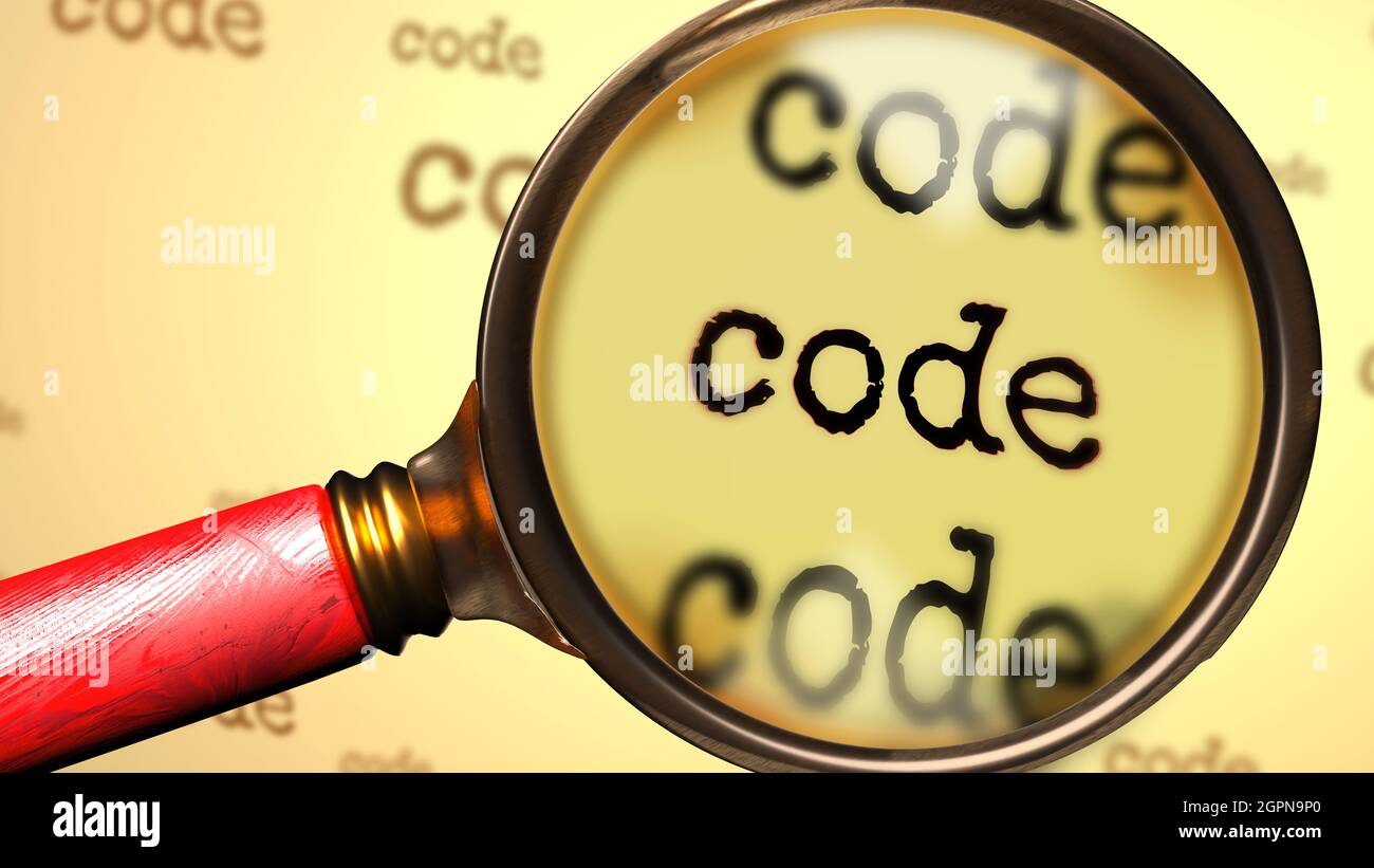Code - abstract concept and a magnifying glass enlarging English word ...