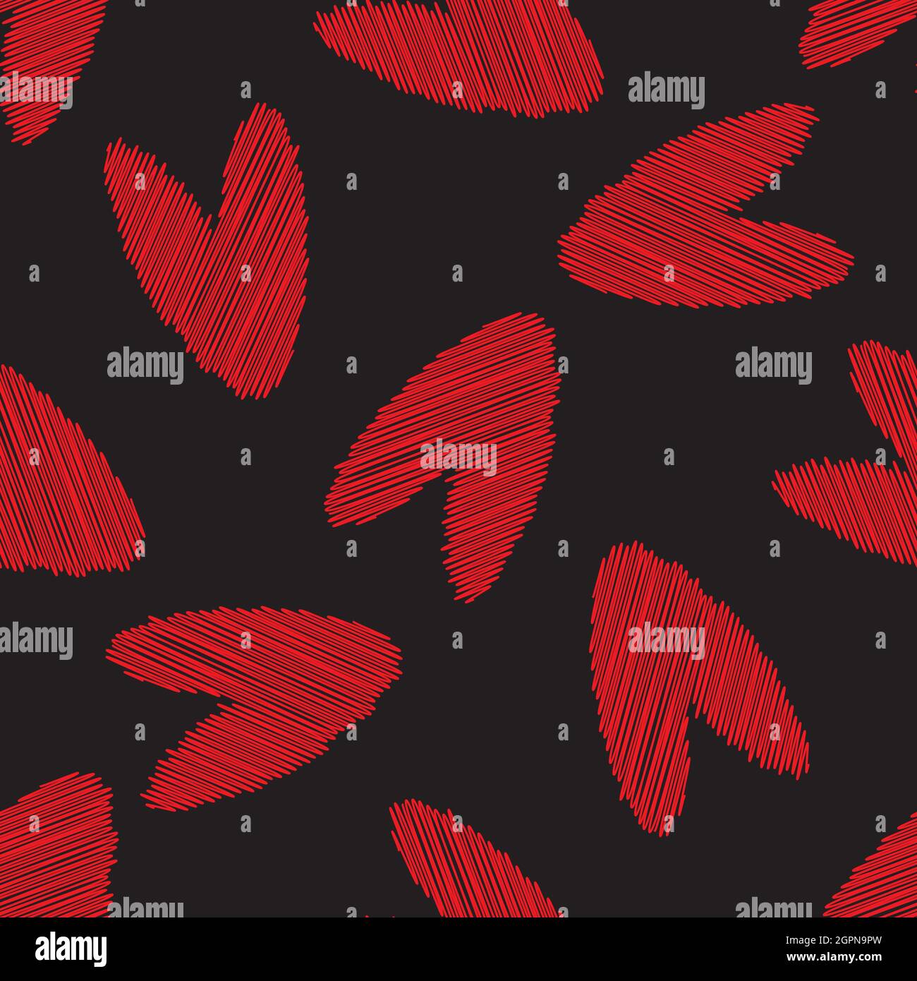 Scribbled vector heart seamless pattern background. Black red love ...