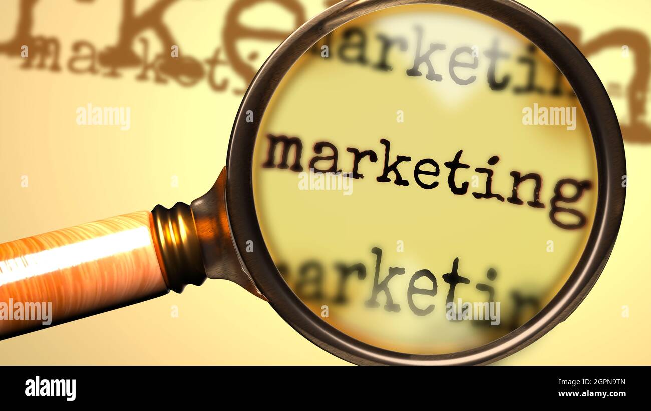 Marketing and a magnifying glass on English word Marketing to symbolize ...