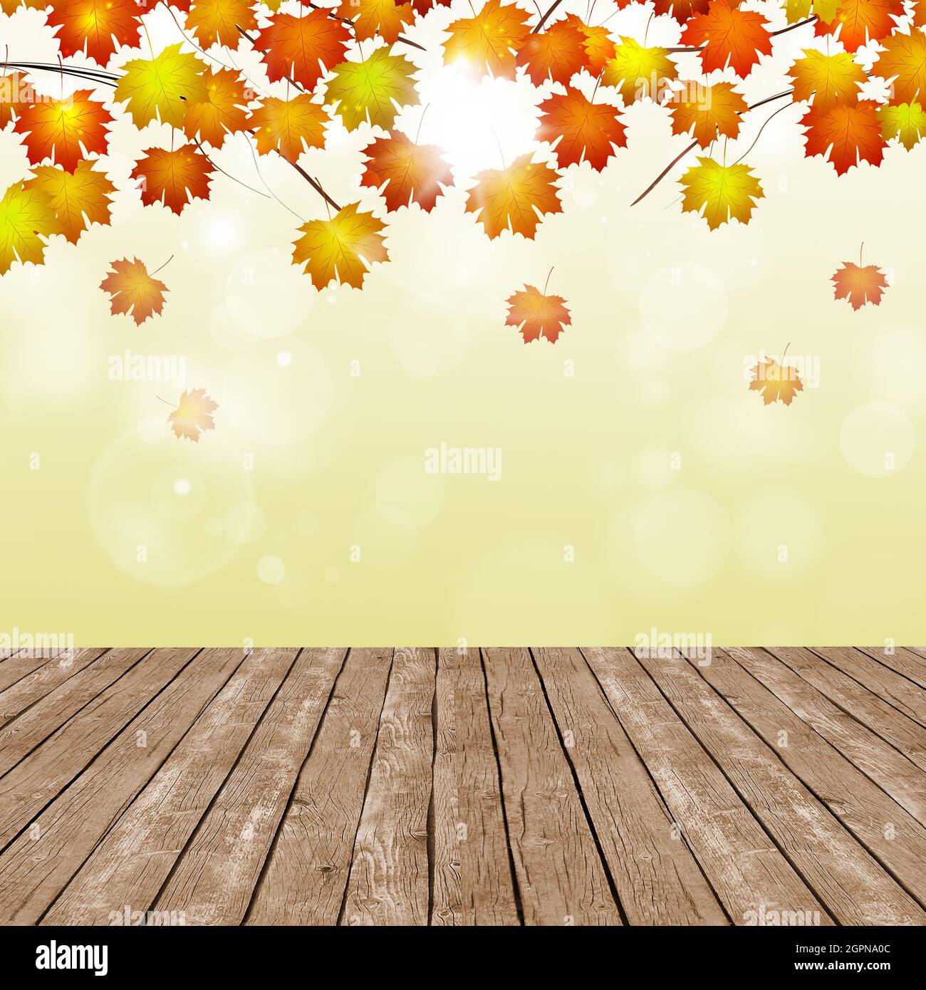 bright autumn background with falling leaves and wood floor Stock Photo ...