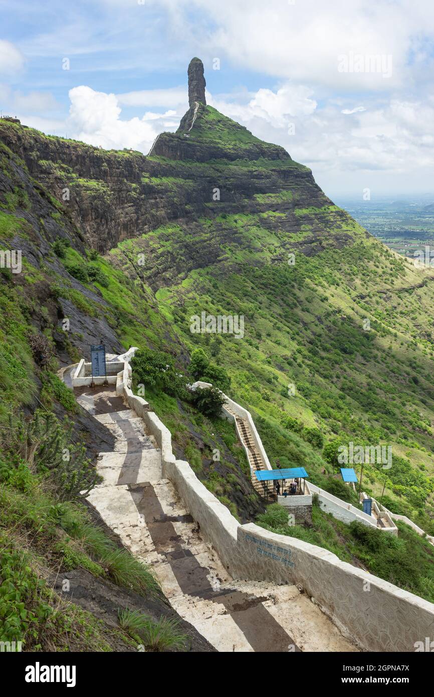 View of stairs and Tungi hill rock, Mangi Tungi, Nashik, Maharashtra ...