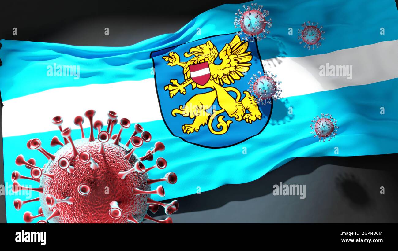 Covid in Rezekne - coronavirus attacking a city flag of Rezekne as a ...