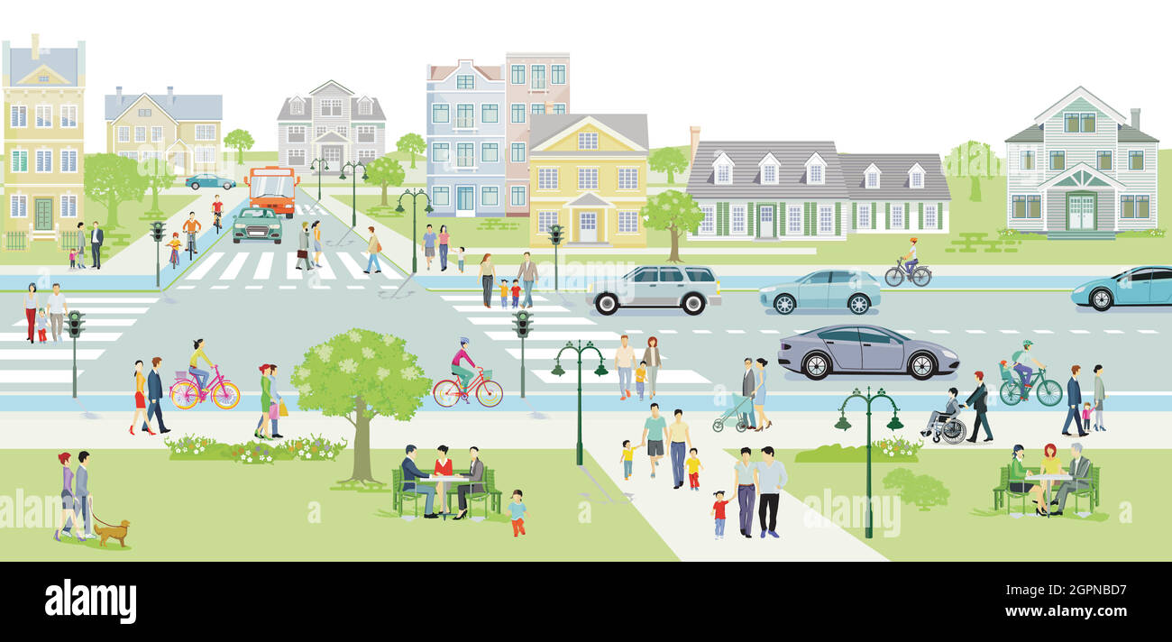 Families and people on the sidewalk with road traffic illustration ...