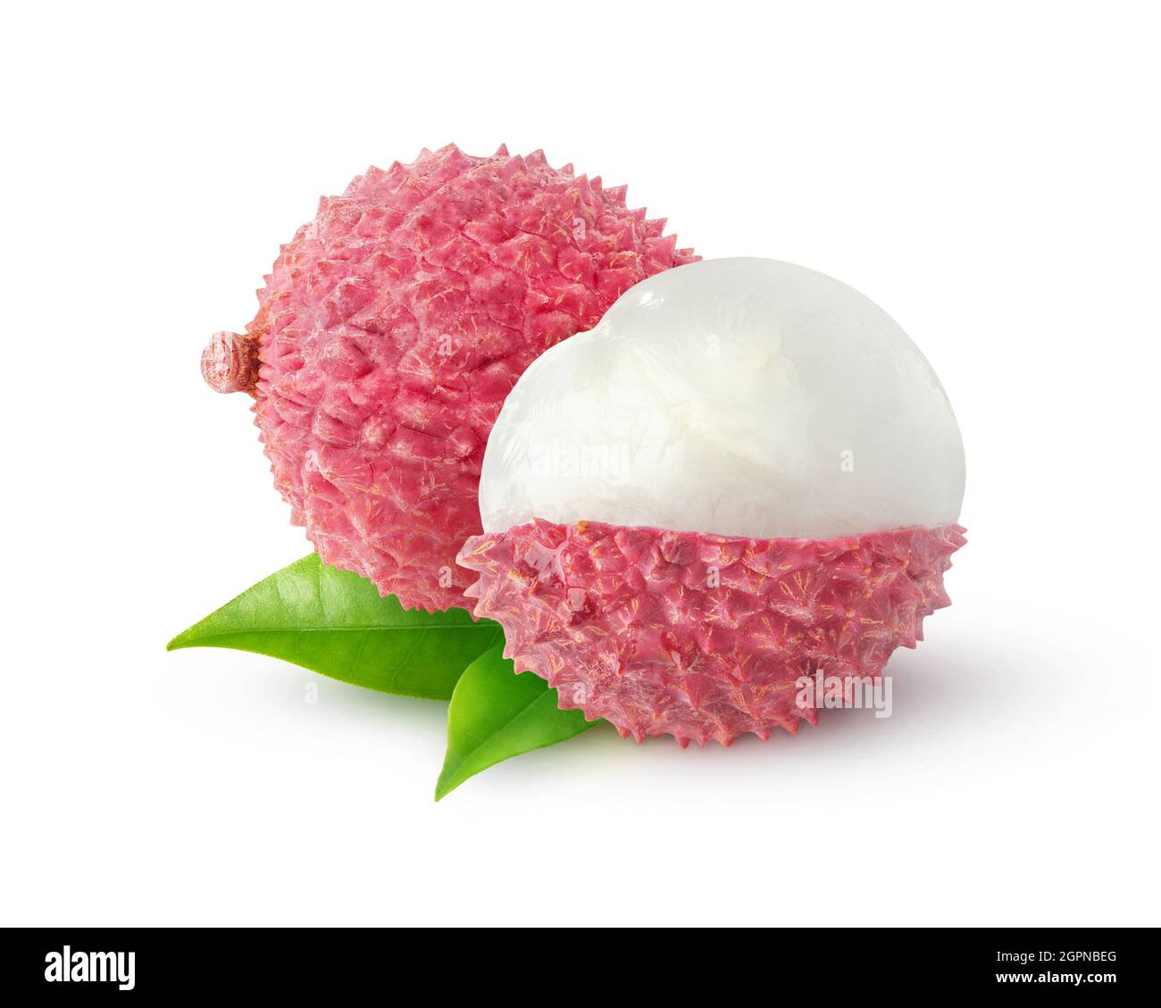 Isolated lichi. Two peeled lychee fruits isolated on white background ...