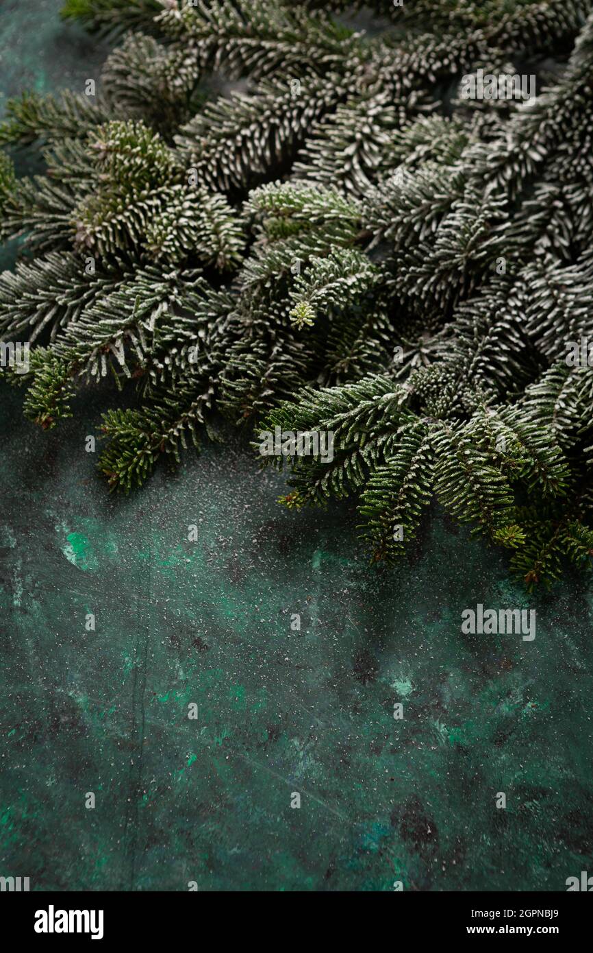 Overhead view of green Christmas tree with snowholiday concept top view ...