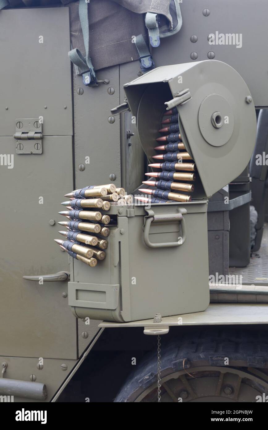 Machine gun rounds in a casing on and American tank Stock Photo - Alamy