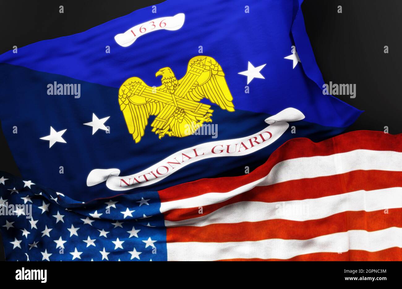 Flag of the National Guard Bureau along with a flag of the United ...