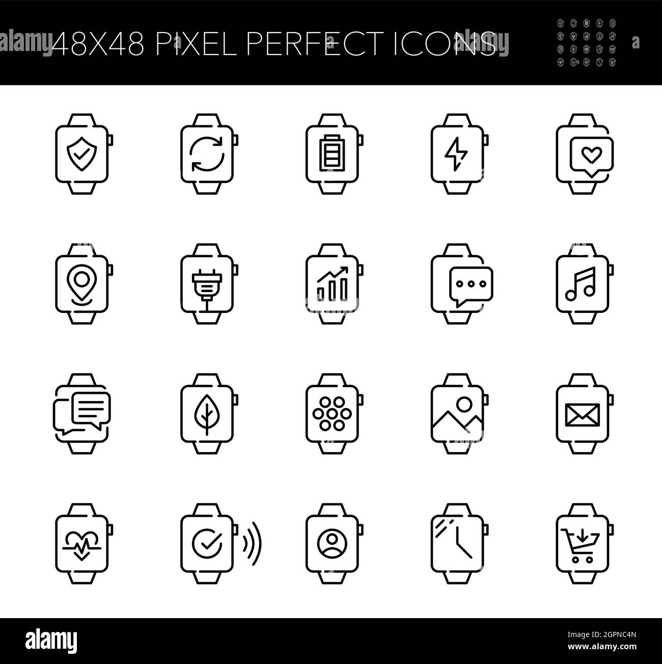 Smart watch apps icons. Activity, battery, protection, messages, media ...