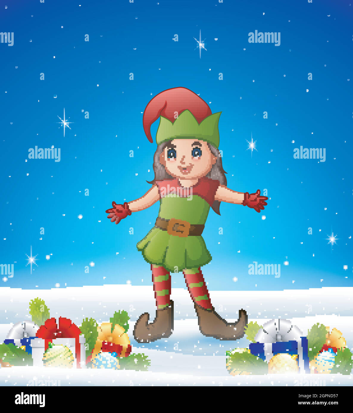 Cartoon girl wearing elf costume in the winter background with gift ...