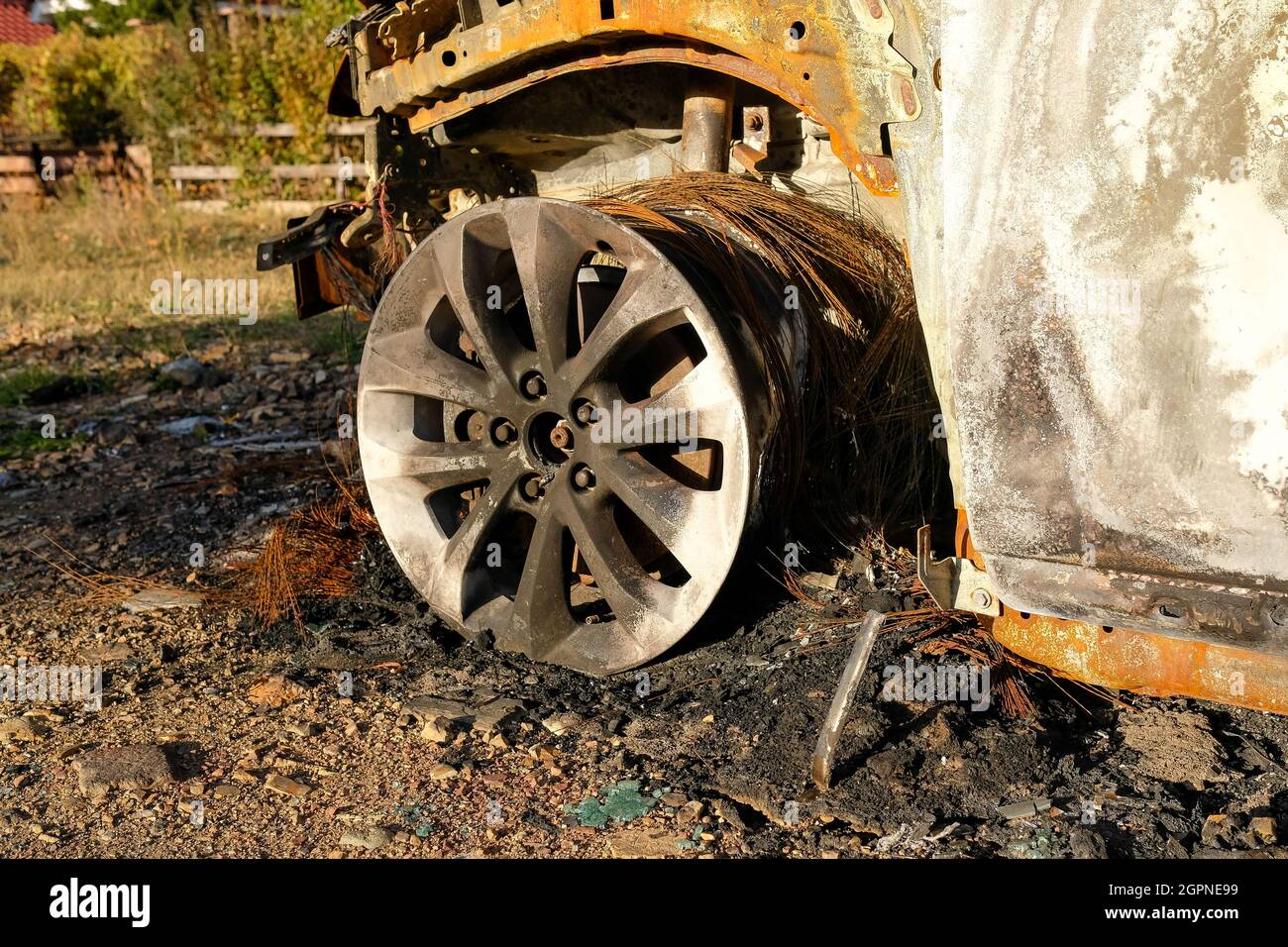 Details of the wheel of a burnt-out car. No one Stock Photo - Alamy