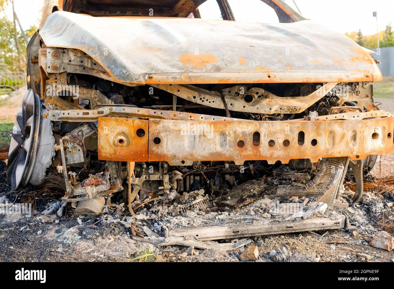 The front of a burned-out car. No people Stock Photo - Alamy