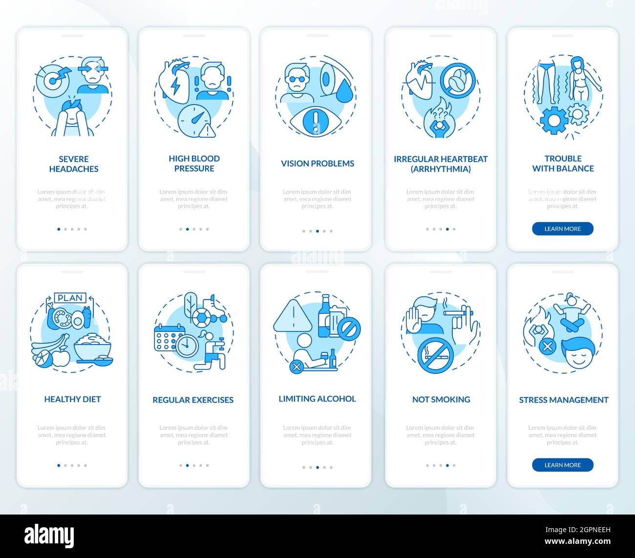 Heart condition diagnosis onboarding mobile app page screen set Stock ...