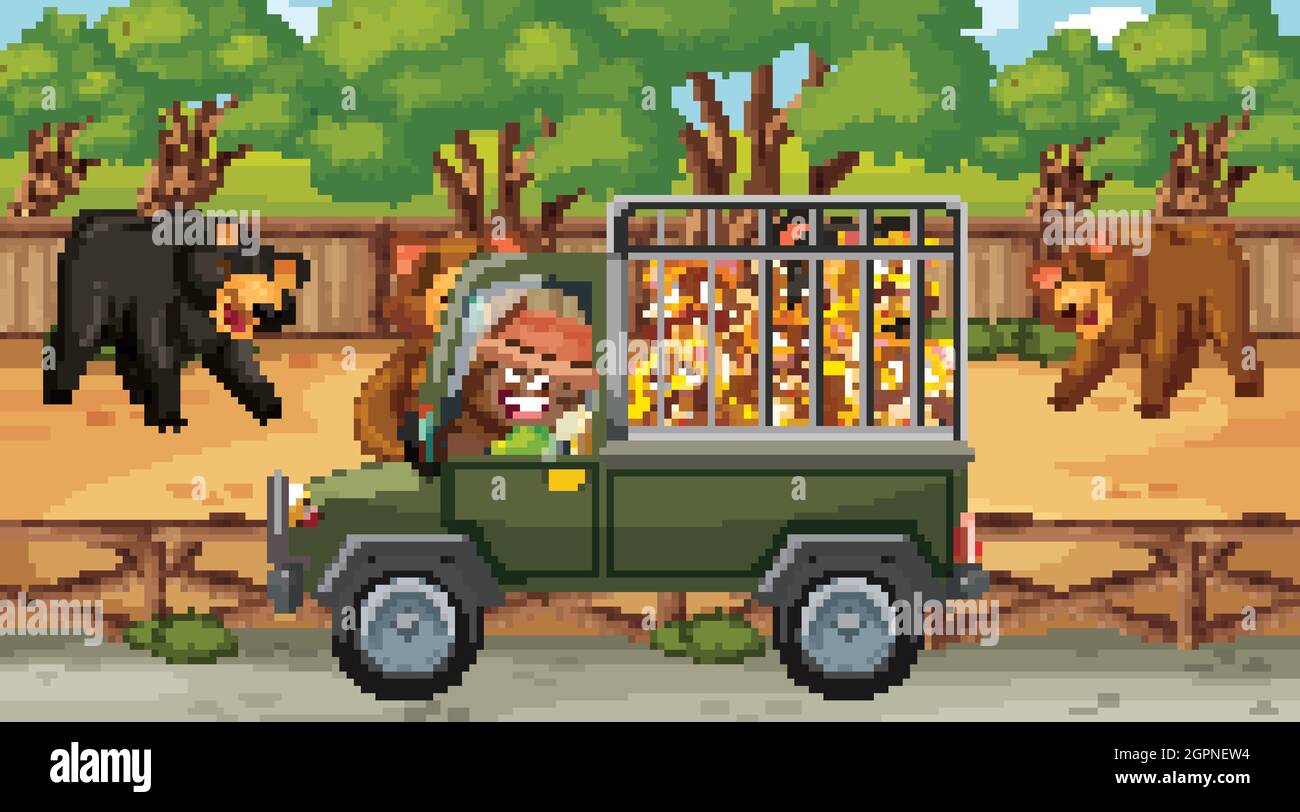 Safari scene with many bears and leopard in the cage car illustration ...