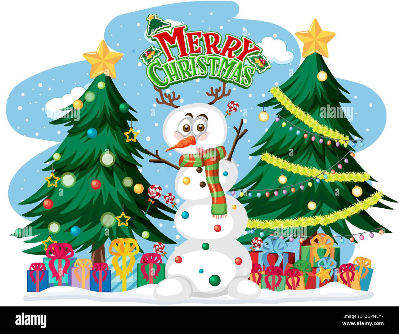 Merry Christmas text logo with Christmas tree and Snowman illustration ...