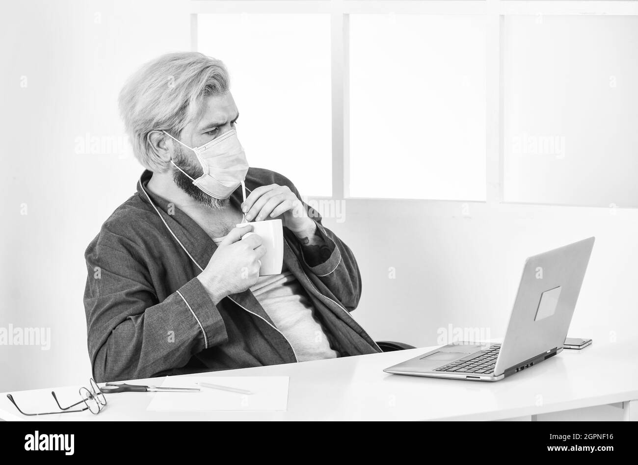 Home office. Remote job. Worker in medical mask. All you need for ...