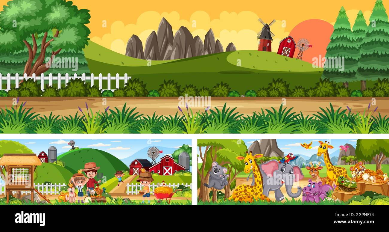 Outdoor panoramic landscape scenes set with cartoon character ...