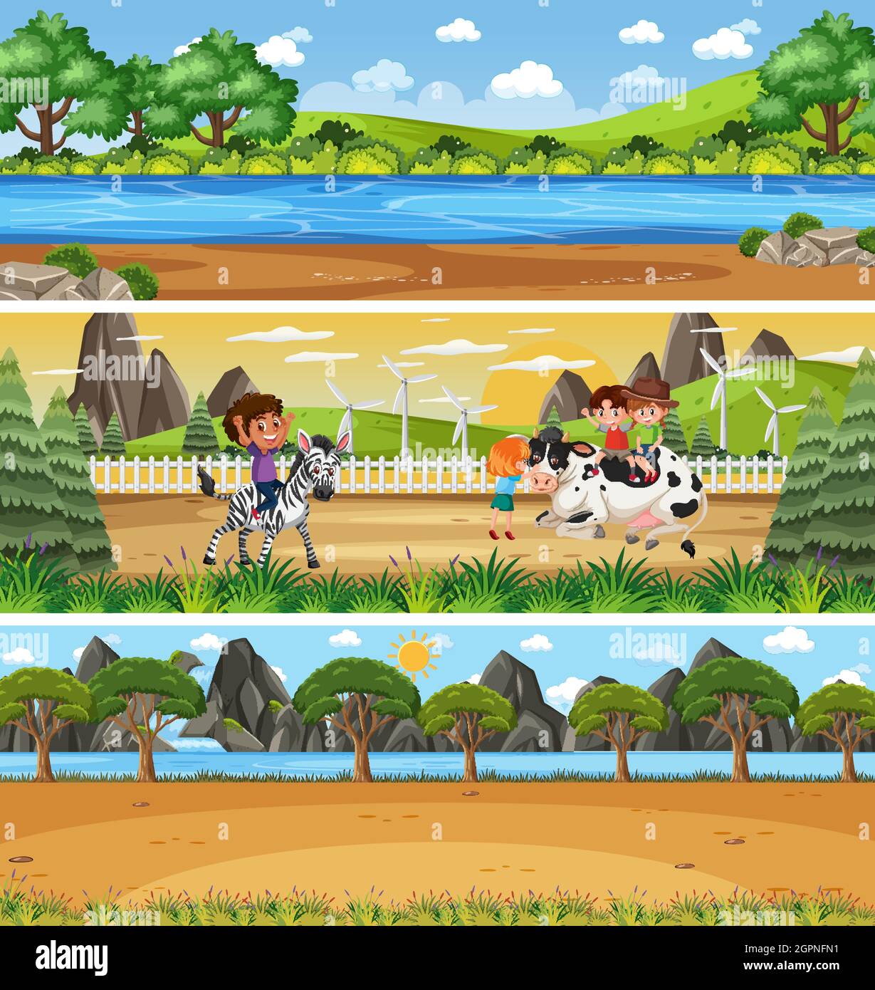 Different nature landscape at daytime scene with cartoon character ...